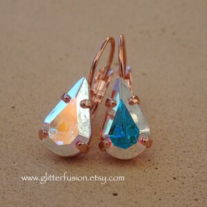 Vintage Aurora Borealis Swarovski Teardrop Crystal Rose Gold Earrings ...