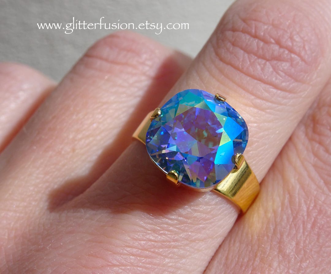 Periwinkle Glacier Blue Swarovski Crystal Gold Statement Ring ...