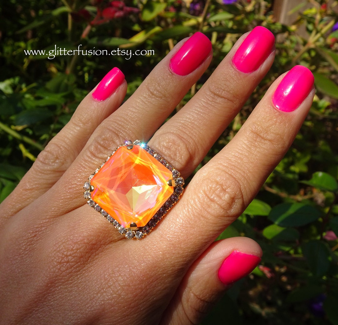Ultra Orange AB Swarovski Crystal Gold Wide Band Ring, Big Bright ...