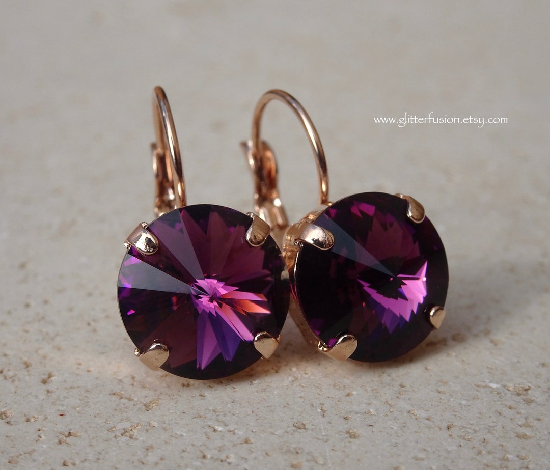 Amethyst Swarovski Crystal Rose Gold Statement Earrings 12mm February Birthstone Purple Crystal Valentine s Day Earrings Glitter Fusion Etsy