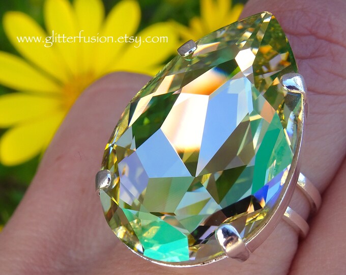 Luminous Green Swarovski Crystal Pear Statement Ring, Huge Iridescent ...