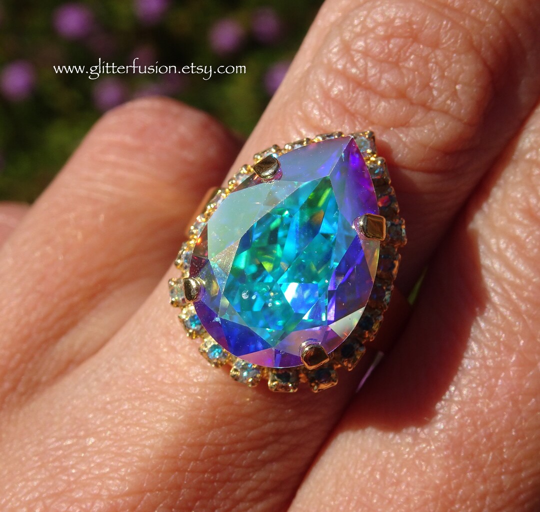 Aurora Borealis Swarovski Pear Crystal AB Halo Pear Statement Ring ...