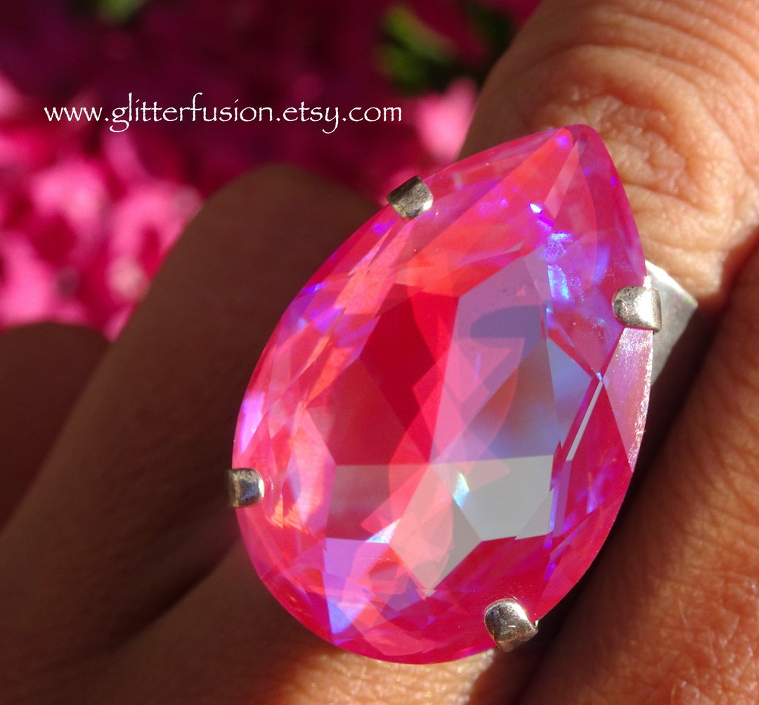 Lotus Pink Delite Swarovski Crystal Pear Statement Ring Hot Pink