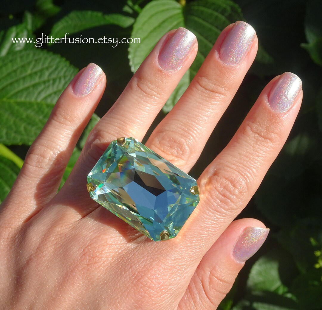 Chrysolite Swarovski Crystal Huge Statement Ring, Big Pale Sea-foam Green Crystal High Fashion ...