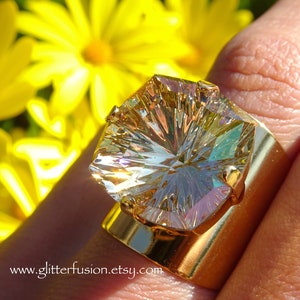 Luminous Green Swarovski Mystic Square Crystal Ring, Big 18mm Faceted ...