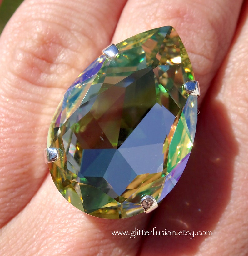 Luminous Green Swarovski Crystal Pear Statement Ring Huge | Etsy