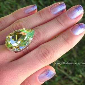 Luminous Green Swarovski Crystal Pear Statement Ring, Huge Iridescent ...