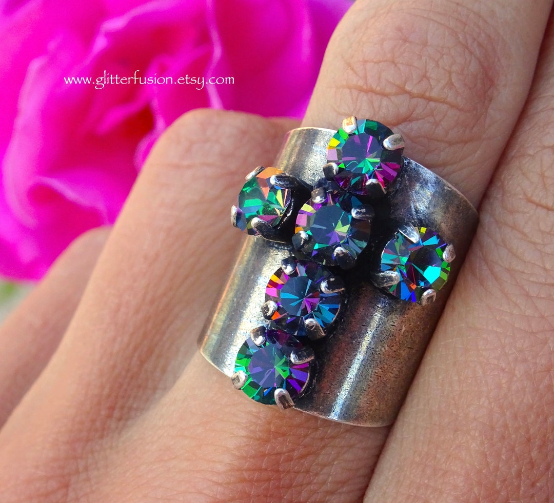 Electra Czech Crystal Cross Statement Ring, Big Colorful Rainbow Crystal Antique Silver ...