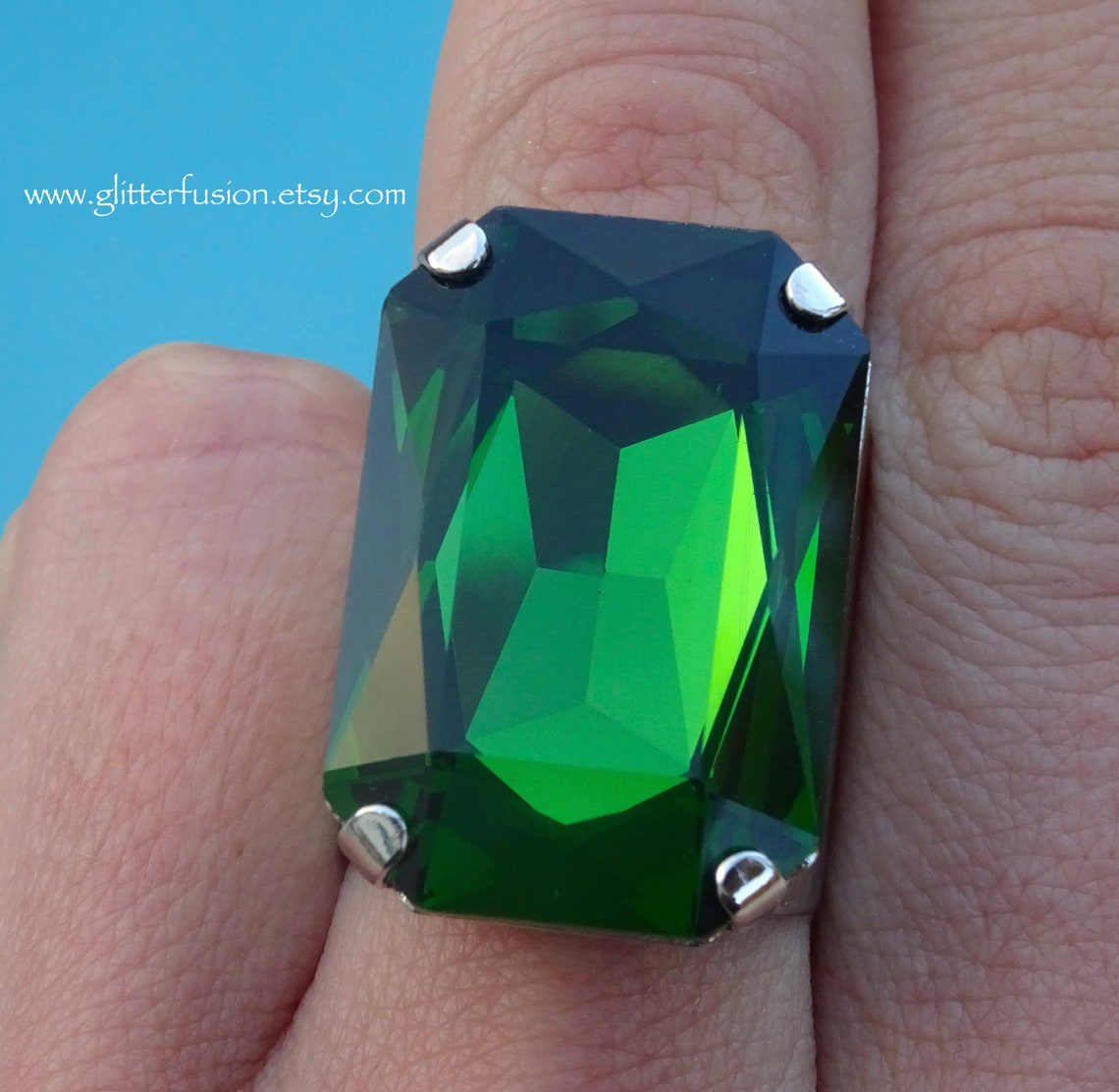 Fern Green Czech Crystal Rectangle Silver Wide Band Statement - Etsy