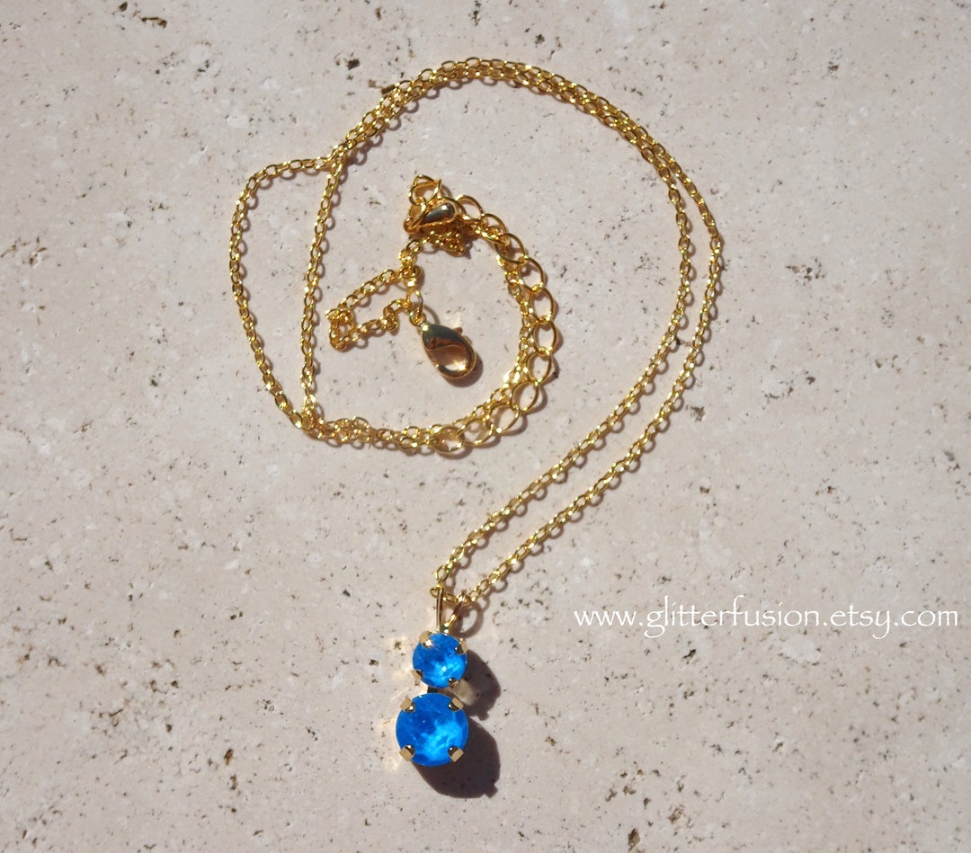 NEW COLOR Neon Blue Swarovski Crystal Two Stone Necklace, Bright ...