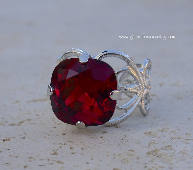Ruby Swarovski Crystal Heart Filigree Statement Ring, 12mm Cushion Cut ...