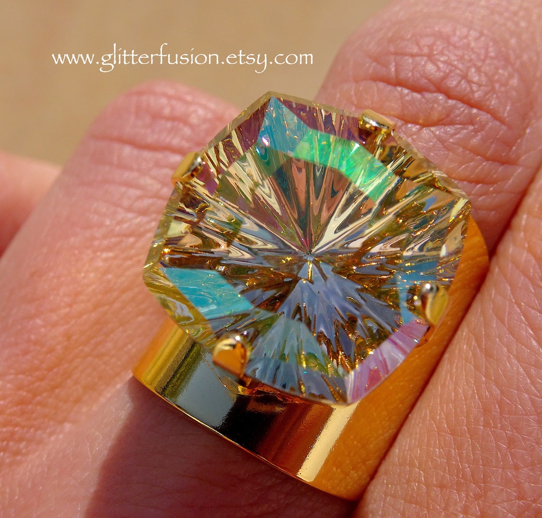Luminous Green Swarovski Mystic Square Crystal Ring, Big 18mm Faceted ...