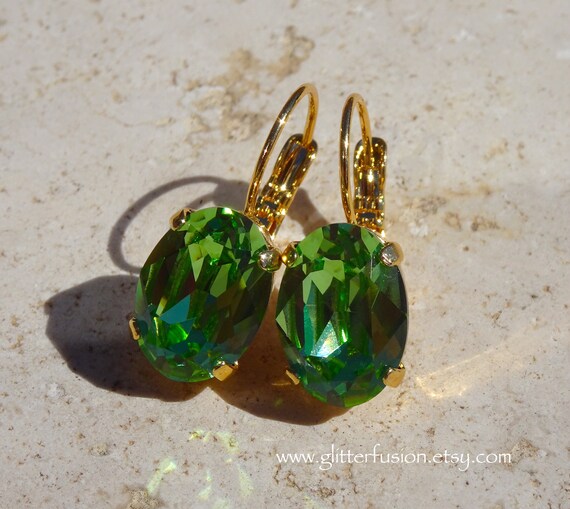 Peridot Swarovski Small Oval Crystal Gold Statement Earrings August Birthstone Light Green Bridesmaid Dangle Earrings GlitterFusion Jewelry