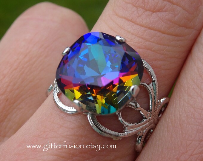 Meridian Blue Swarovski Crystal Heart Filigree Statement Ring, 12mm ...