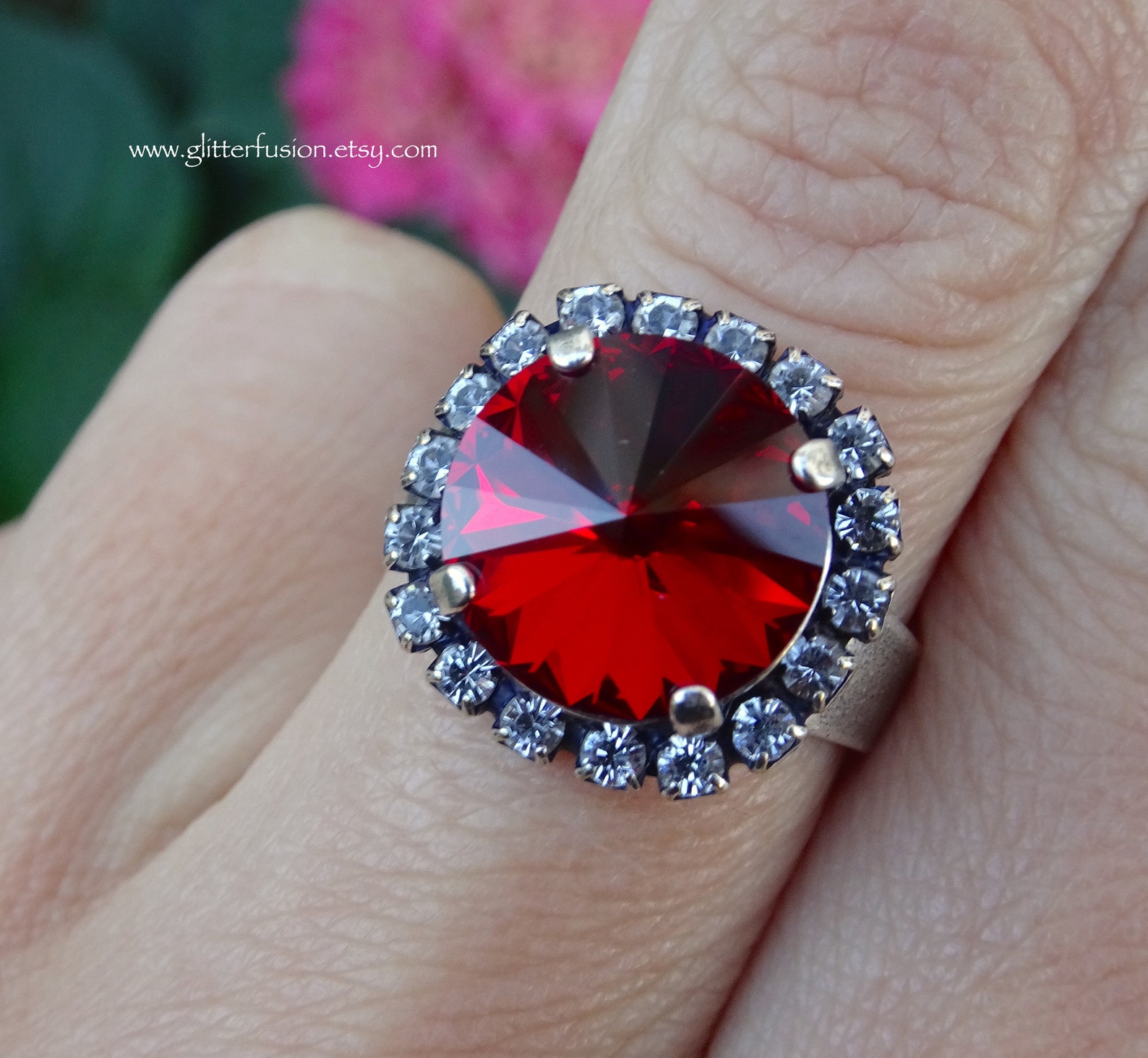 Siam Swarovski Crystal Statement Ring, Ruby Red Crystal Clear Halo ...