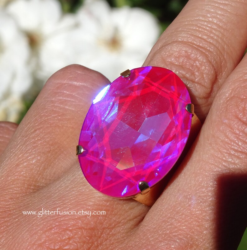 Lotus Pink Delite Czech Crystal Oval Statement Ring Huge Pink - Etsy