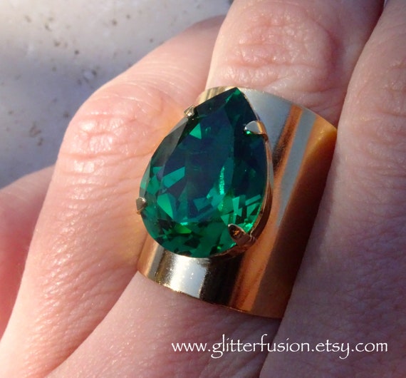 NEW COLOR Majestic Green Swarovski Crystal Pear Gold Wide Band Statement Ring Big Green Emerald Pear Boho Chic Ring Glitterfusion Jewelry Etsy