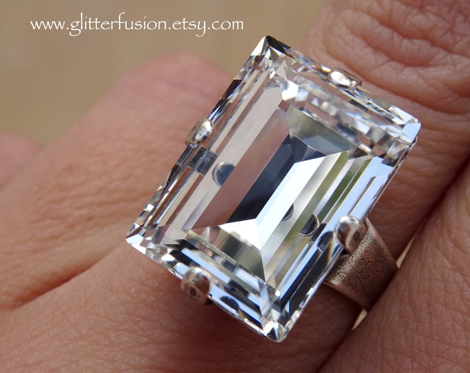 Crystal Clear Swarovski Crystal Rectangle Statement Ring, Big Clear ...