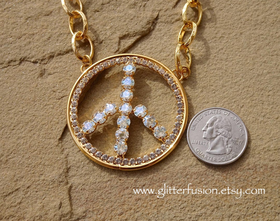 NEW! Moonlight Swarovski Crystal Clear Halo Gold Peace Sign Pendant ...