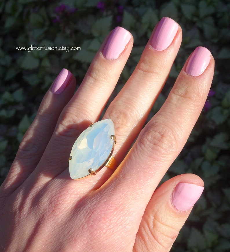 White Opal Czech Marquise Crystal Statement Ring, Big White Opalescent Crystal Glam Pageant Gold ...