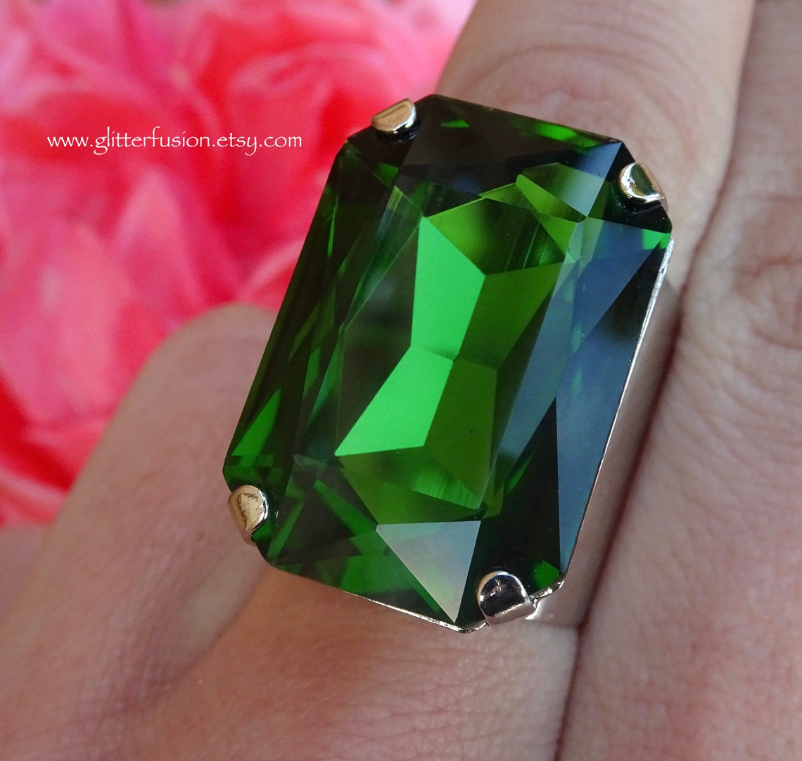 Fern Green Czech Crystal Rectangle Silver Wide Band Statement - Etsy