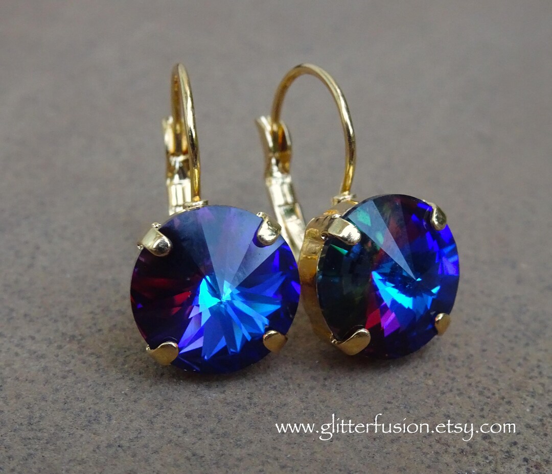 Meridian Blue Swarovski Crystal Gold Statement Earrings, Big 12mm Blue ...