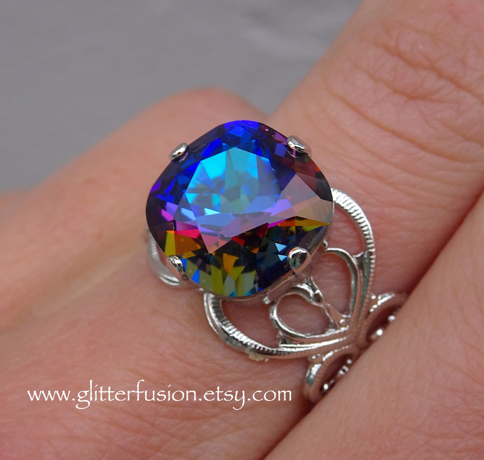Meridian Blue Swarovski Crystal Heart Filigree Statement Ring - Etsy
