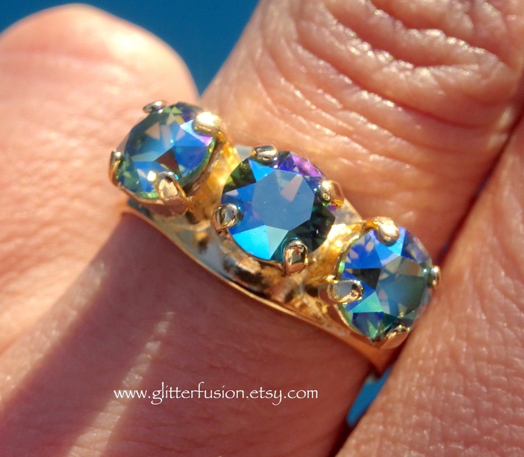 Erinite Shimmer Swarovski Crystal Three Stone Ring, Metallic Blue-green ...