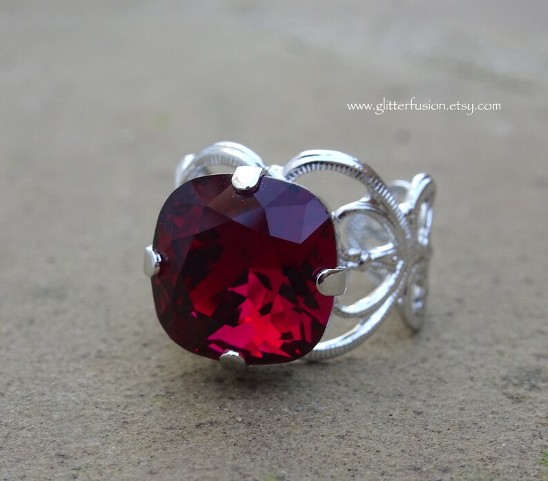 Ruby Swarovski Crystal Heart Filigree Statement Ring, 12mm Cushion Cut ...