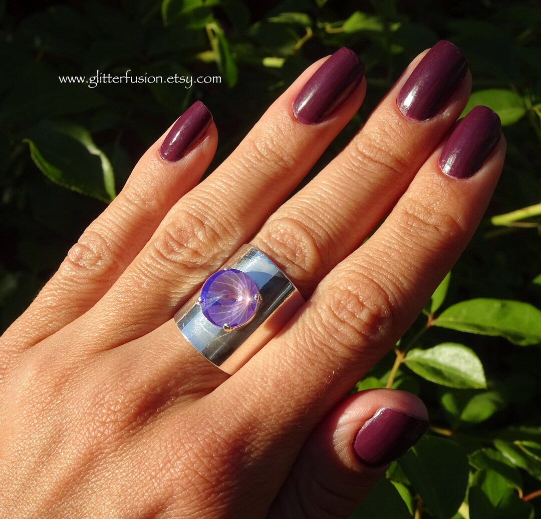 Periwinkle Czech Crystal Statement Ring, Purple Crystal Silver Wide ...