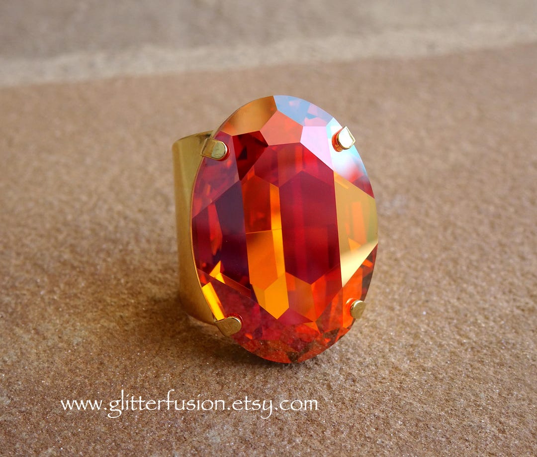 RARE Chili Pepper Swarovski Crystal Gold Statement Ring, Sparkly Orange ...