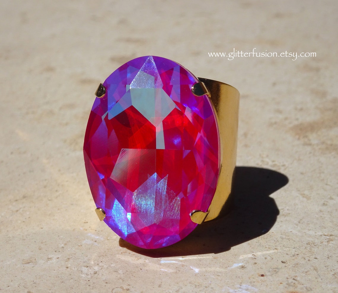 Lotus Pink Delite Czech Crystal Oval Statement Ring Huge Pink - Etsy