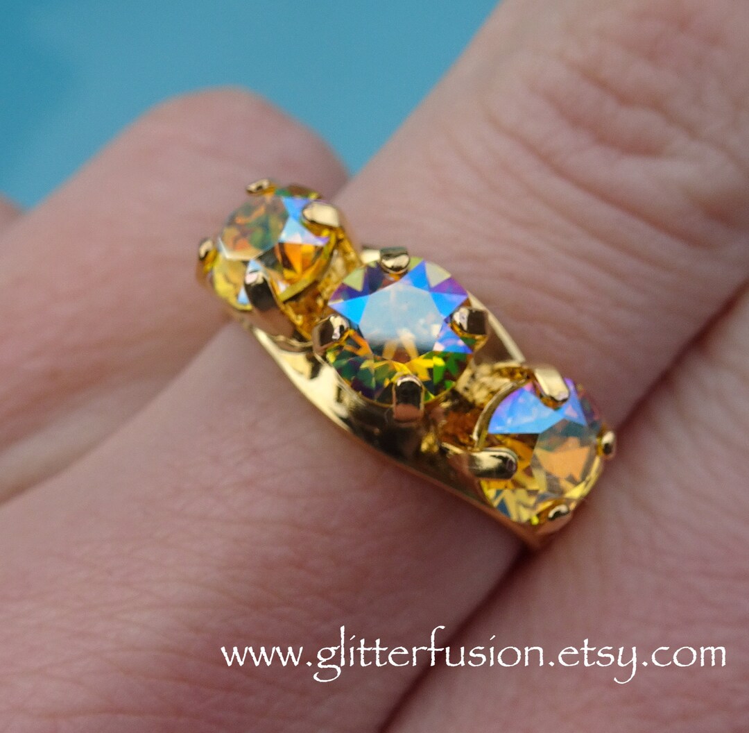 Light Topaz Shimmer Swarovski Crystal Three Stone Ring, Multi Stone ...