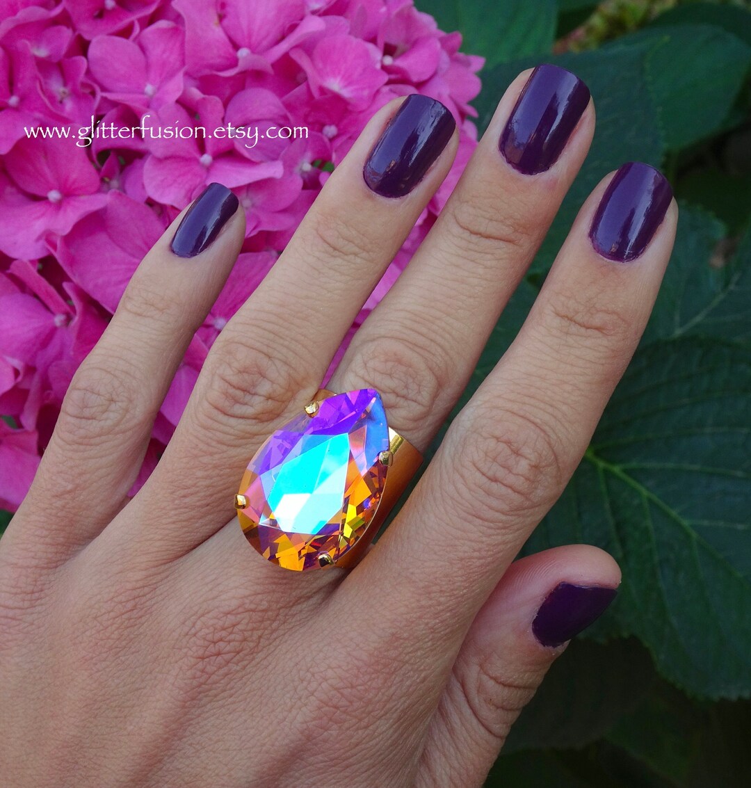 Topaz Shimmer Czech Crystal Pear Ring, Big Iridescent Orange Pear ...