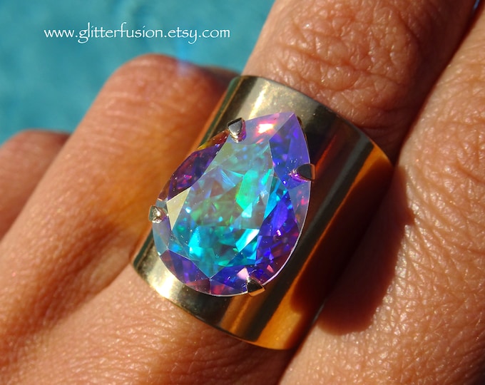 Aurora Borealis Swarovski Crystal Pear Shaped Gold Wide Band Ring, AB ...
