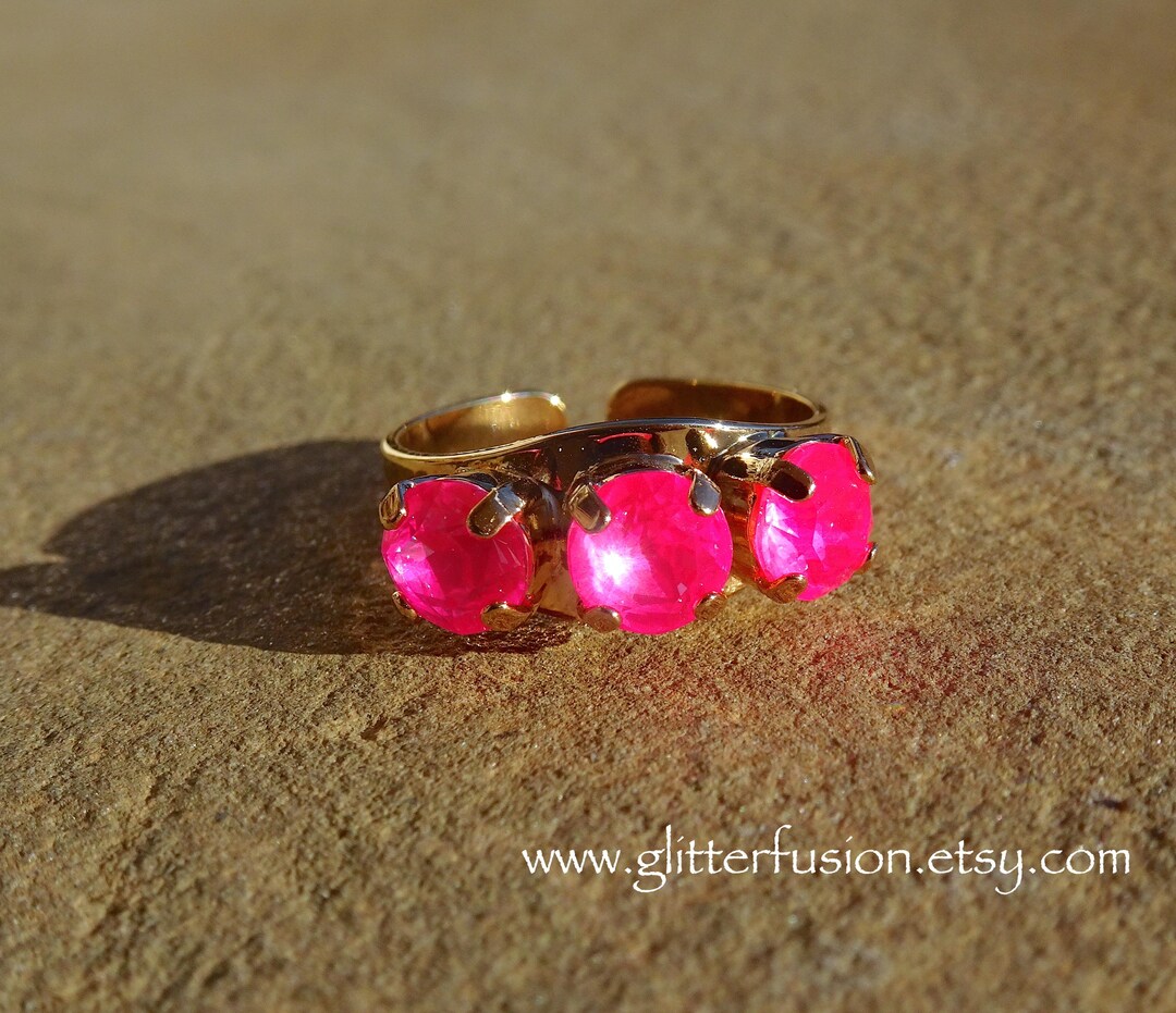 Neon Pink Swarovski Crystal Multi Stone Gold Ring, Bold Bright Hot Pink ...