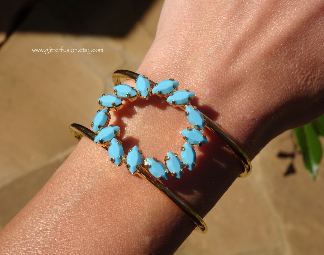 Turquoise Swarovski Crystal Gold Cuff Statement Bracelet, Big Blue Crystal Cuff High Fashion ...