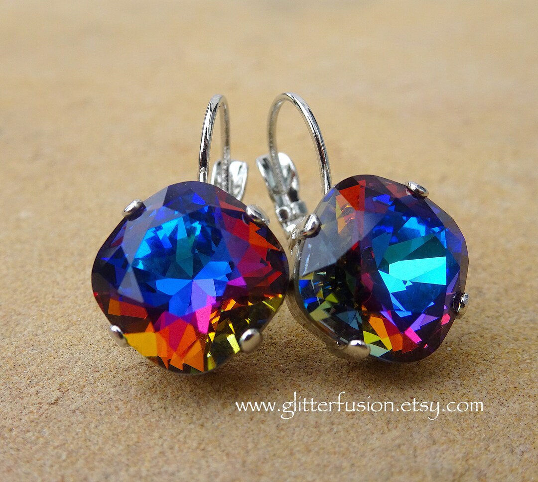 Meridian Blue Swarovski 12mm Cushion Cut Crystal Statement Earrings ...