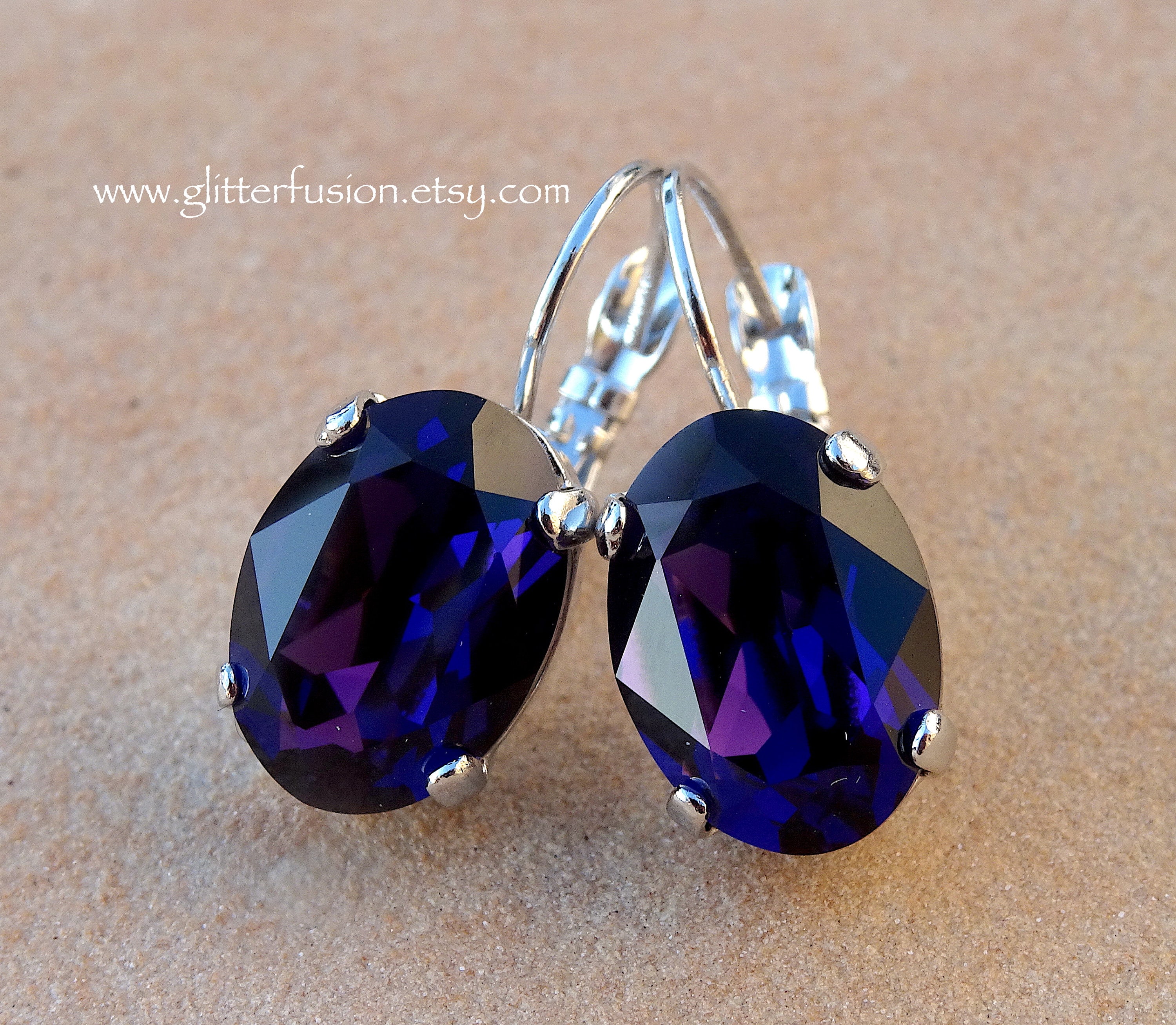 Purple Velvet Swarovski Crystal Statement Earrings, Dark Purple Oval ...