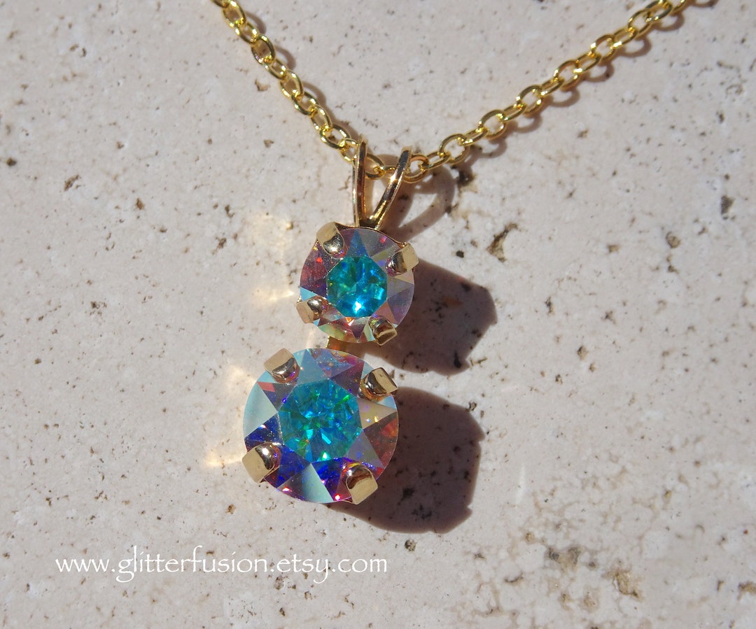 Aurora Borealis Swarovski Crystal Two Stone Necklace, Iridescent AB and ...