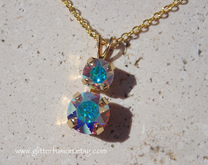 Aurora Borealis Swarovski Crystal Two Stone Necklace, Iridescent AB and ...