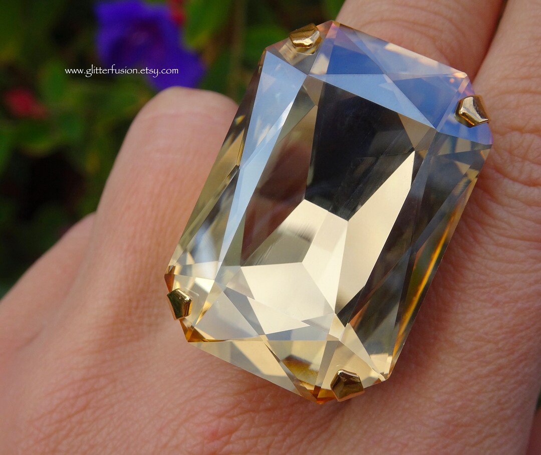 Huge Golden Shadow Czech Crystal Rectangle Statement Ring, Big Gold ...