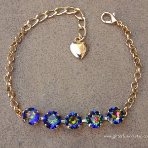 Rainbow Czech Crystal Statement Bracelet, Colorful Unique Crystal Gold ...