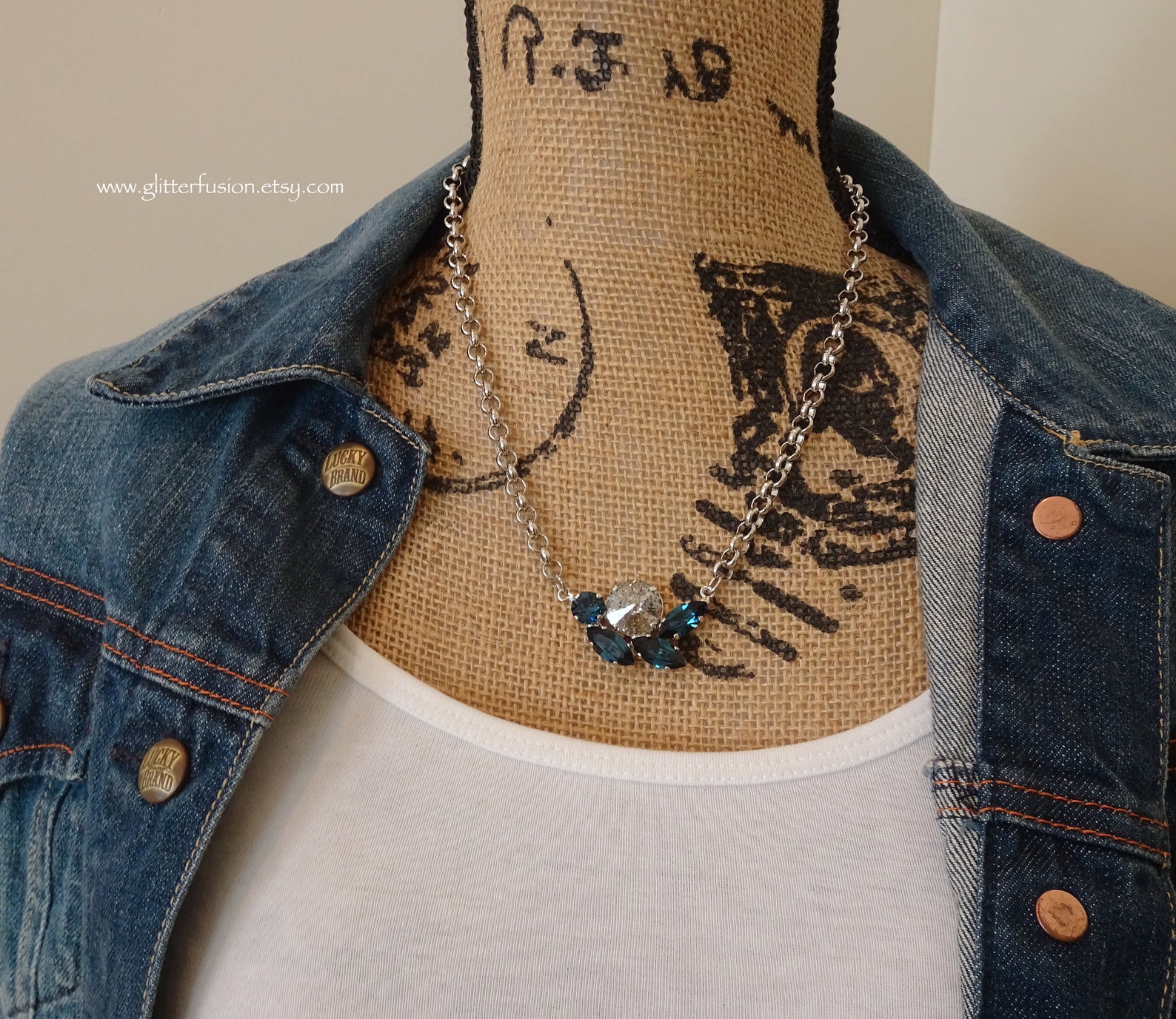 Silver Patina & Montana Blue Swarovski Crystal Statement Necklace ...