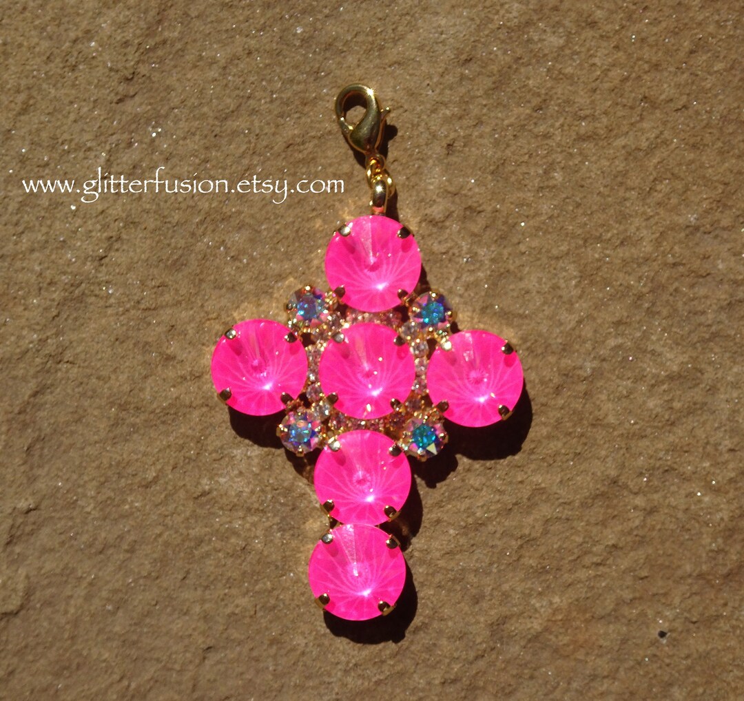 RESERVED ITEM, Neon Pink Aurora Borealis Swarovski Crystal Cross ...