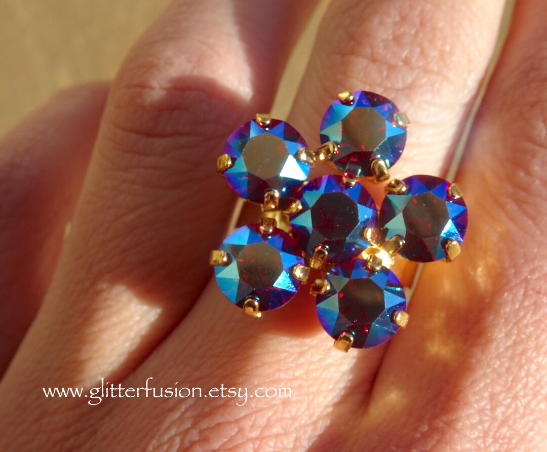 Scarlet Shimmer Swarovski Crystal Flower Gold Statement Ring ...