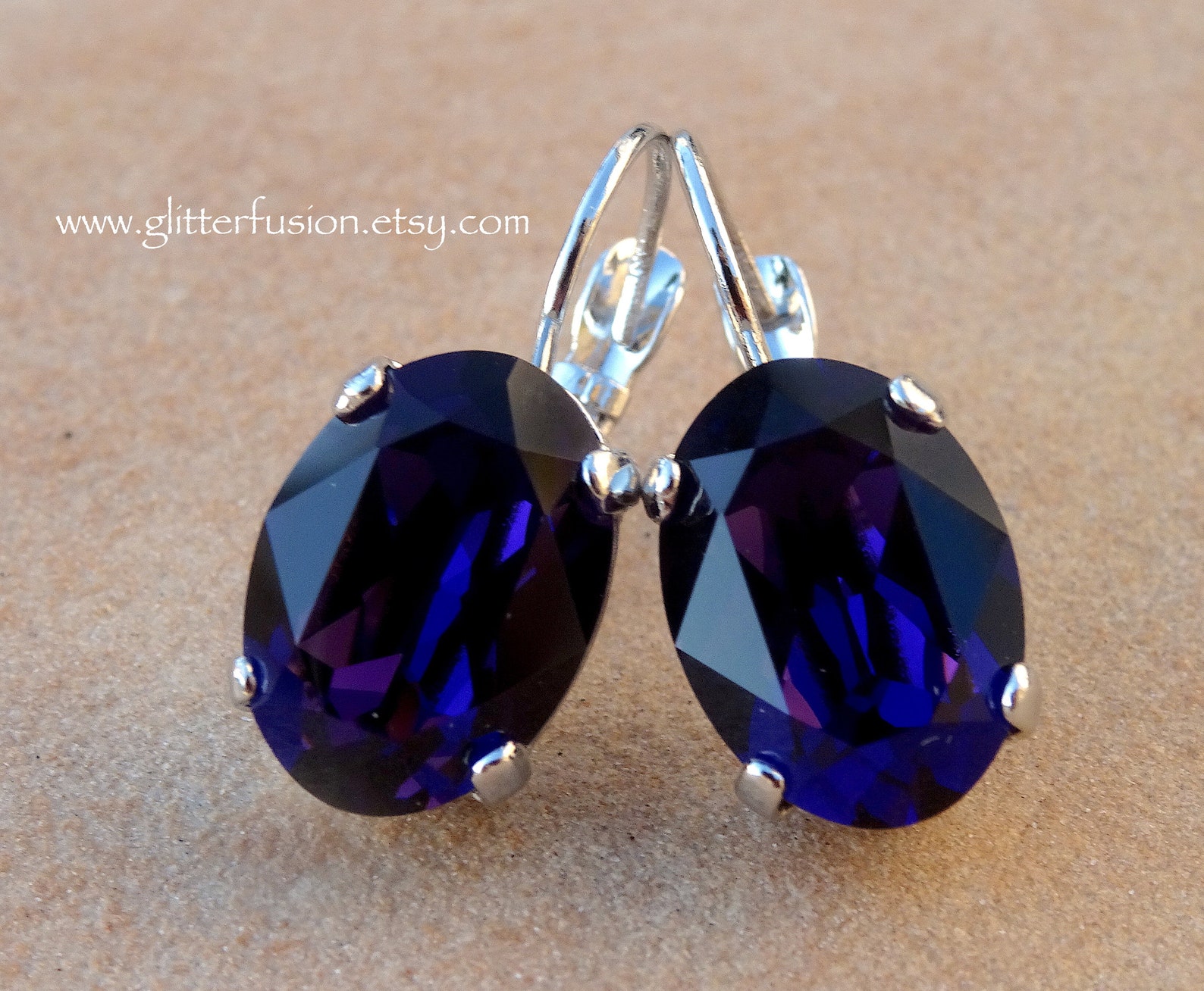 Purple Velvet Swarovski Crystal Statement Earrings, Dark Purple Oval ...