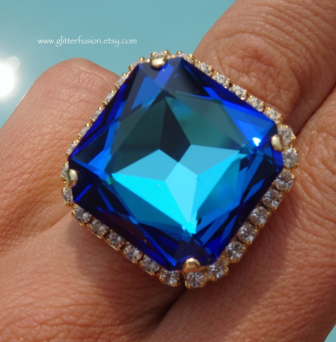 Bermuda Blue Swarovski Crystal Statement Ring, Big Blue Square Crystal ...