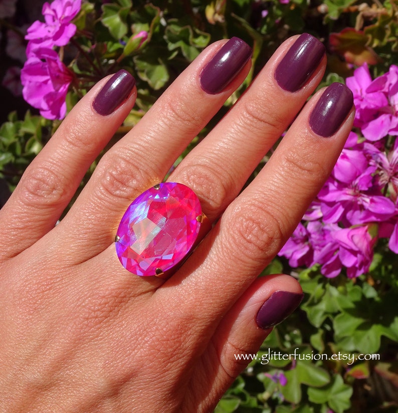 Lotus Pink Delite Czech Crystal Oval Statement Ring Huge Pink - Etsy