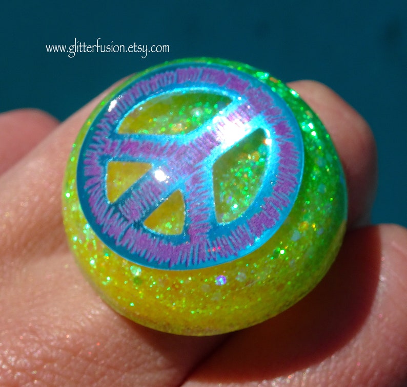 Lime Green Ombre Peace Sign Resin Statement Ring Neon Kawaii - Etsy